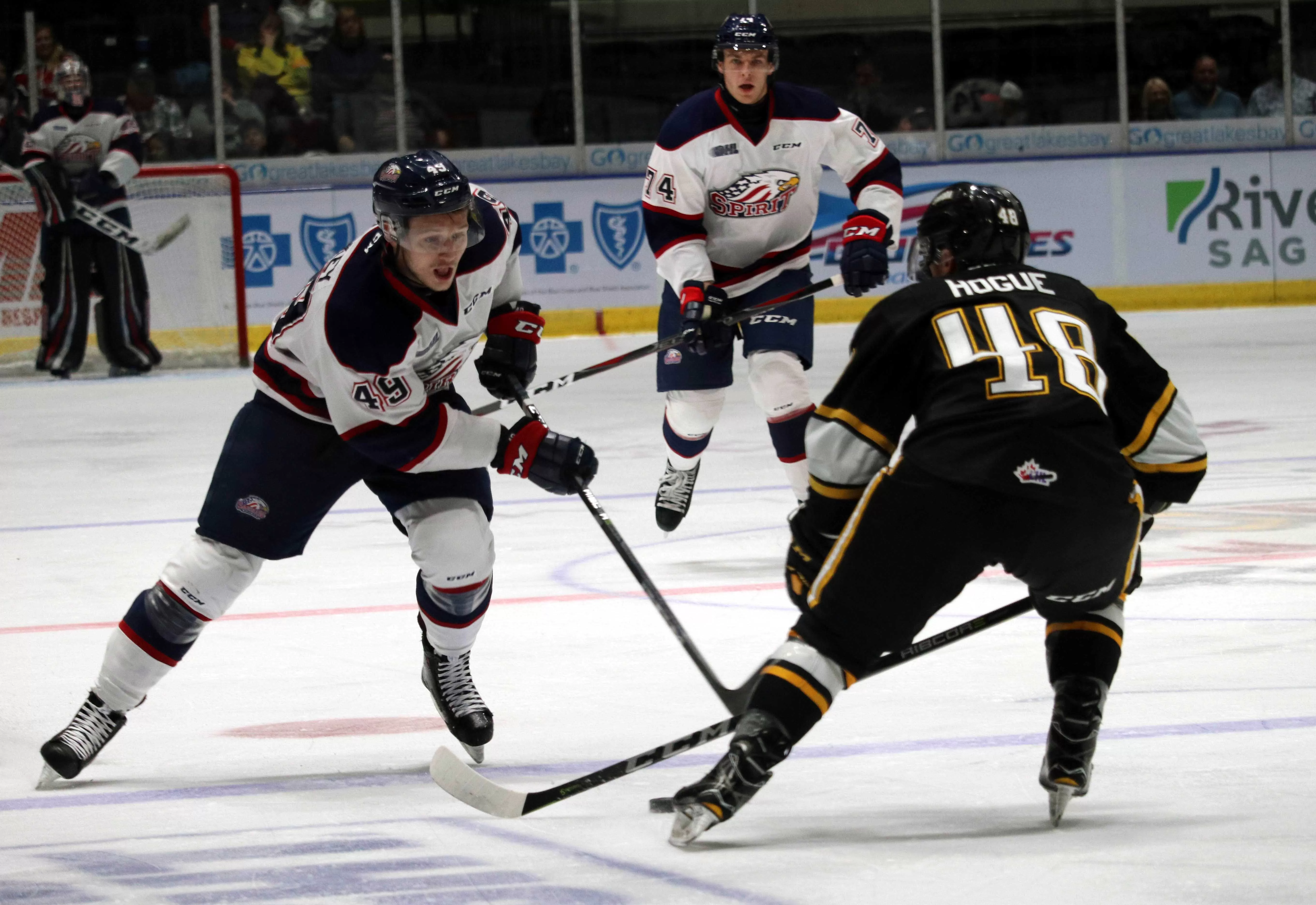 Three Saginaw Spirit players: Mason Millman, Nicholas Porco, and Cole ...